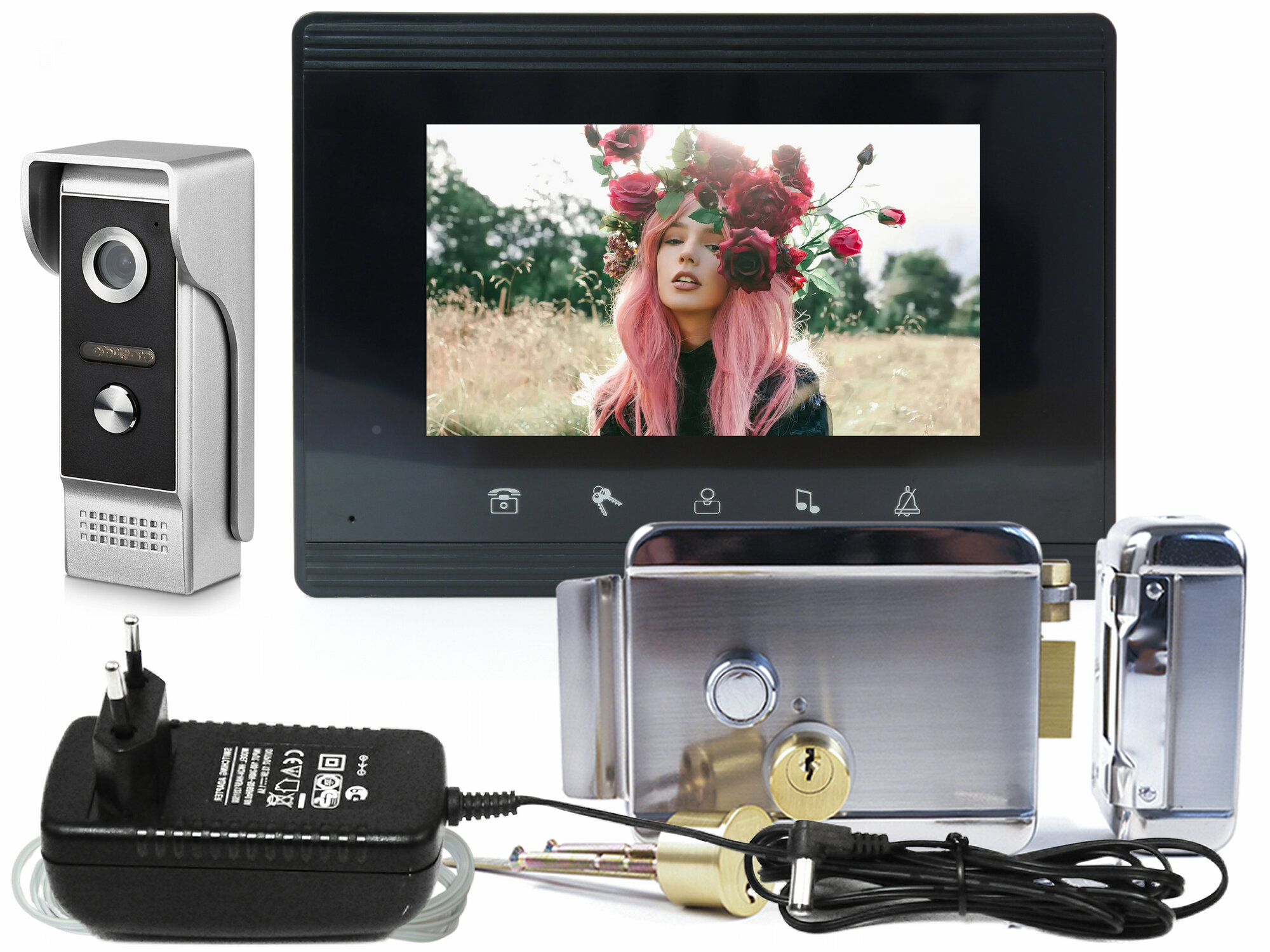 Набор: видеодомофон цветной EP-7200 и замок AX-042 (O47297OK) + вызывная панель (замок с домофоном для калитки)