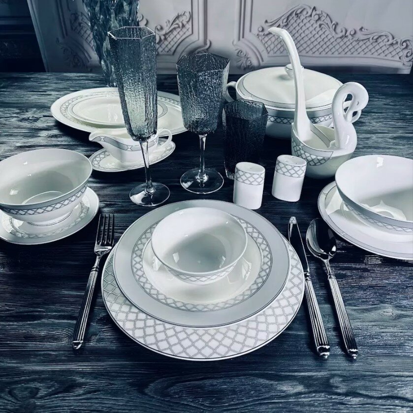 Обеденный сервиз 30пр. Версаль серебро Костяной фарфор 145-591 118-145-591