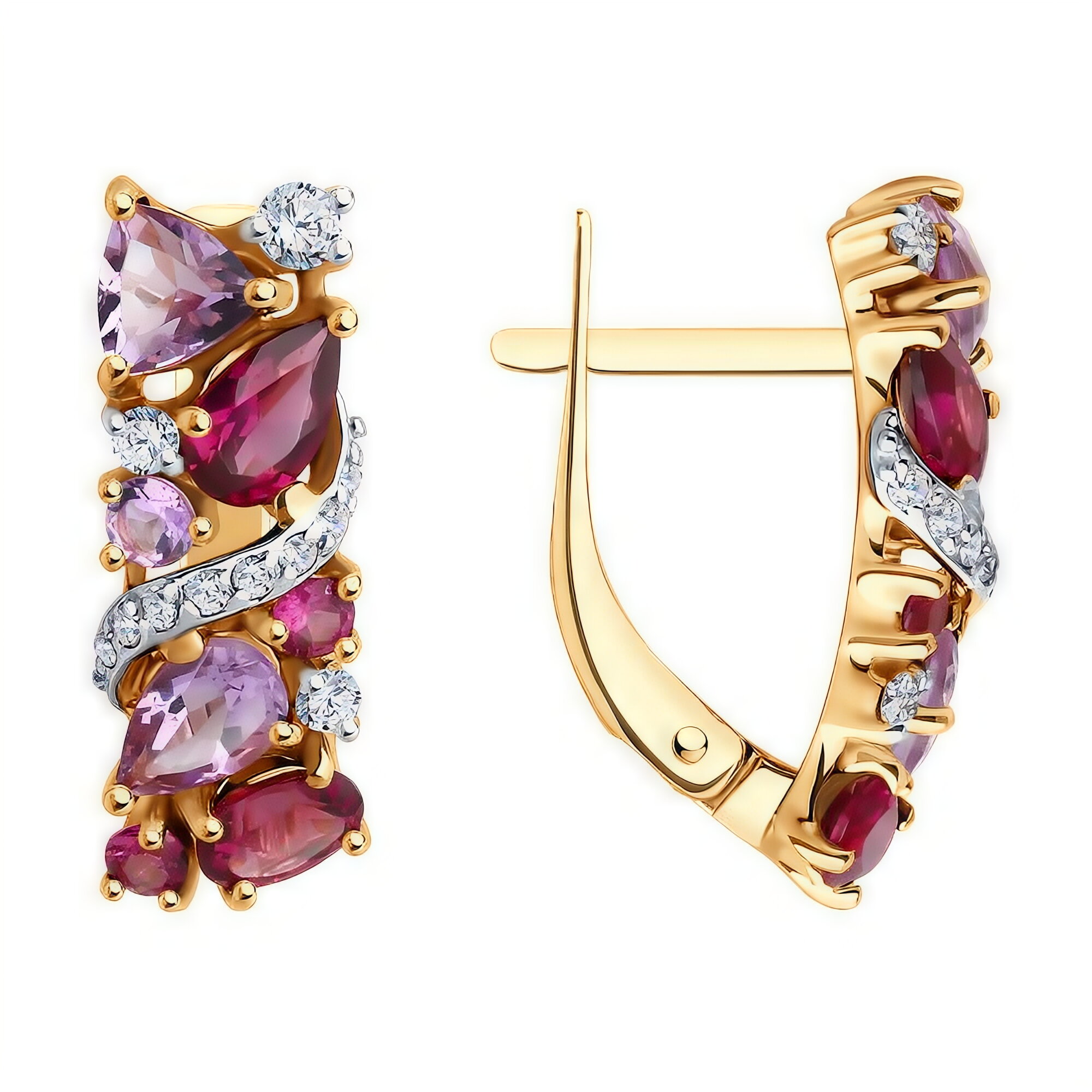 Серьги, красное золото, 585 проба, фианит, аметист, родолит