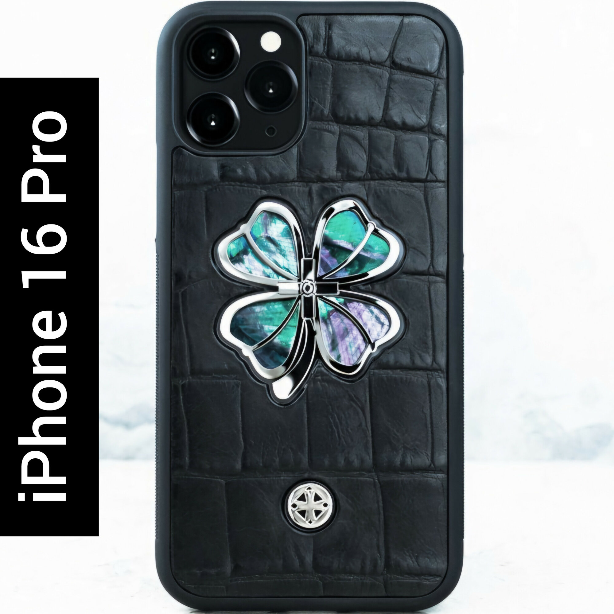 Чехол iPhone 16 Pro / Euphoria HM Premium Pearl Clover - натуральная кожа, морской перламутр, металл - клевер удачи