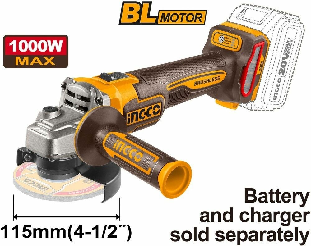 Болгарка аккумуляторная УШМ, б/щ, 115 мм, INGCO CAGLI27153 INDUSTRIAL