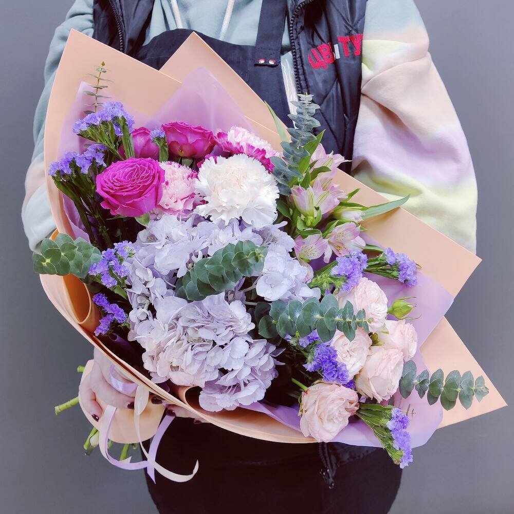 Сборный букет Цветочный ЛЕС, 50 см, бежевый/розовый/фиолетовый