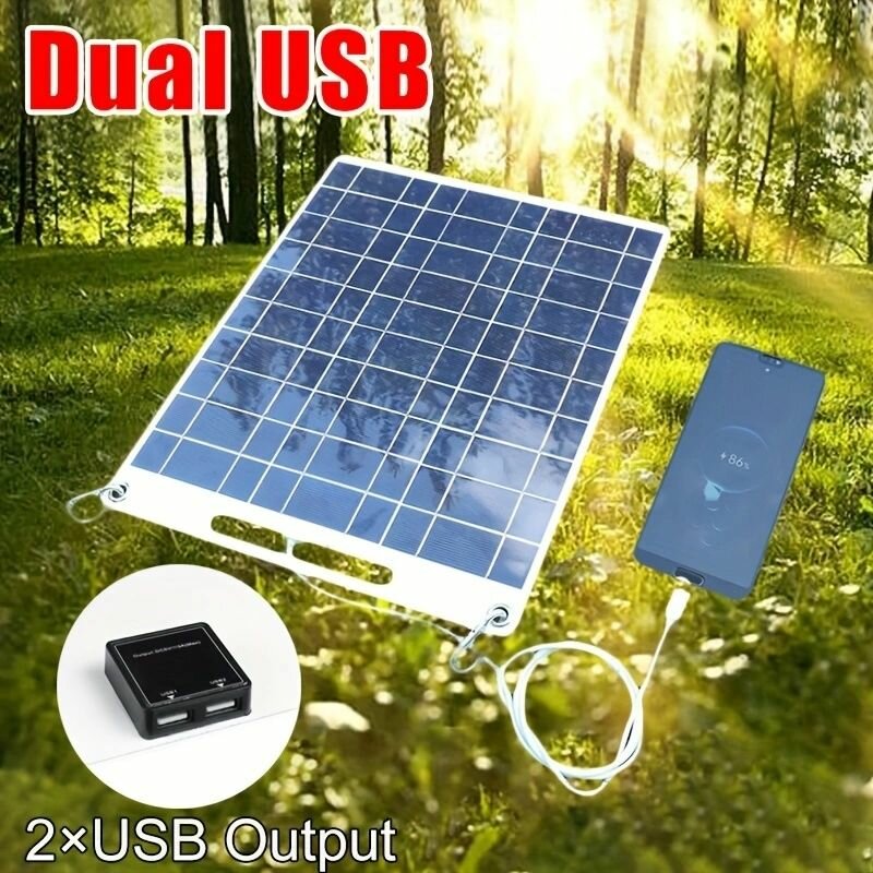 Солнечная панель 60 Вт 1 шт, портативная панель 5 В с двумя USB для быстрой зарядки, размер 12*9.8 дюймов, аварийное питание для кемпинга и походов зарядка для телефона автономное питание для туризма портативное зарядное устройство