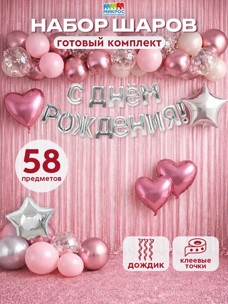 Шарики воздушные на день рождения набор для фотозоны 55 предметов (37 шаров, 2 дождика, надпись 14 букв, лента 1 шт, клеевые точки 100 шт)