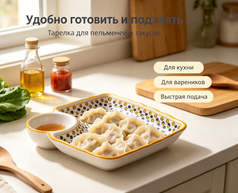 Разделенная керамическая тарелка с отсеком для соуса, Керамическая тарелка для пельменей ,19*17.7*4CM