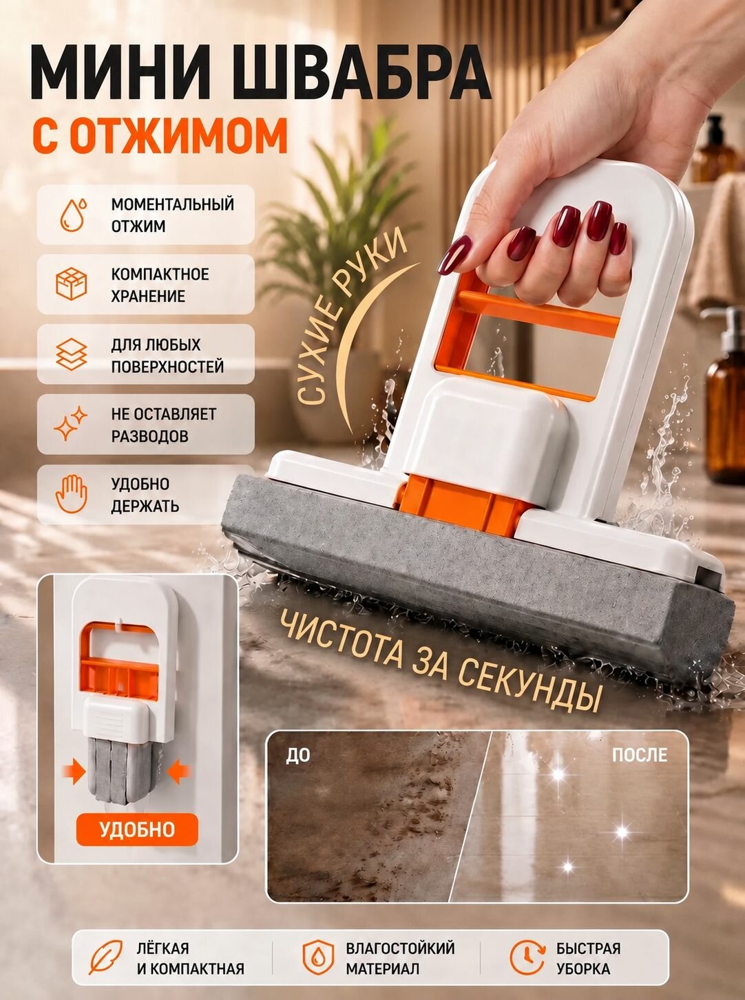 Мини швабра с отжимом портативная без ведра для кухни, ванной и окон с губкой в комплекте