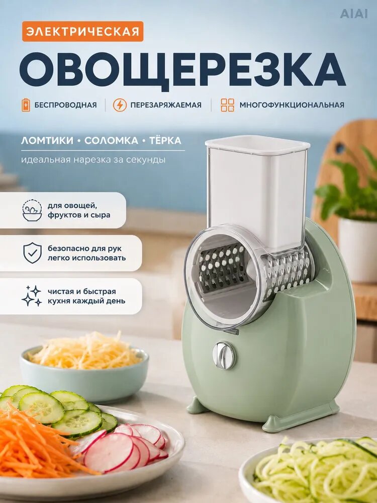 Электрическая овощерезка аккумуляторная, тёрка для овощей, фруктов и сыра, слайсер с 3 барабанами, Type-C