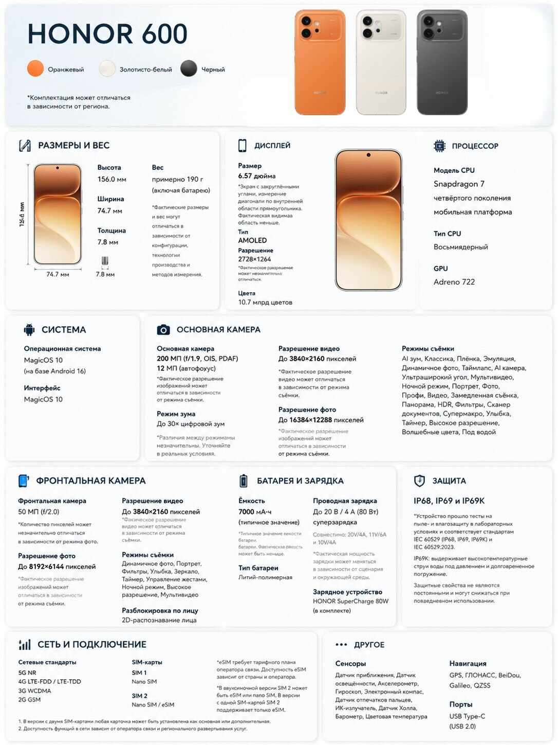Смартфон Honor 600 A12+256-CHonor Смартфон 600 Ростест 12/256 ГБ, Nano-SIM, eSIM, оранжевый — фото 1