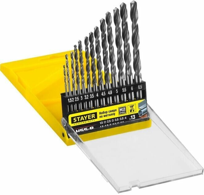 Набор сверл спиральных по металлу, STAYER 13 шт. ( 1,5-6,5 мм), HSS-R