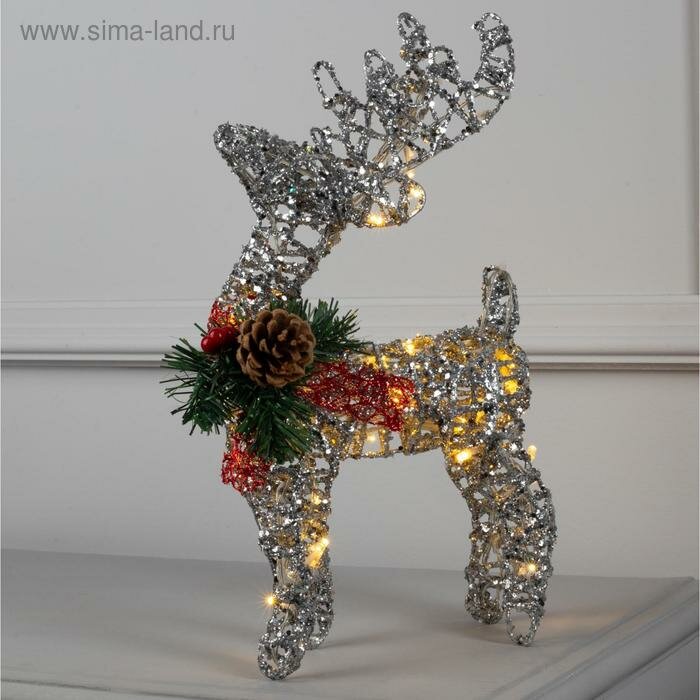 Светодиодная фигура Олень серебристый 25×30×10 см, металл, от батареек ААх3, свечение тёплое белое