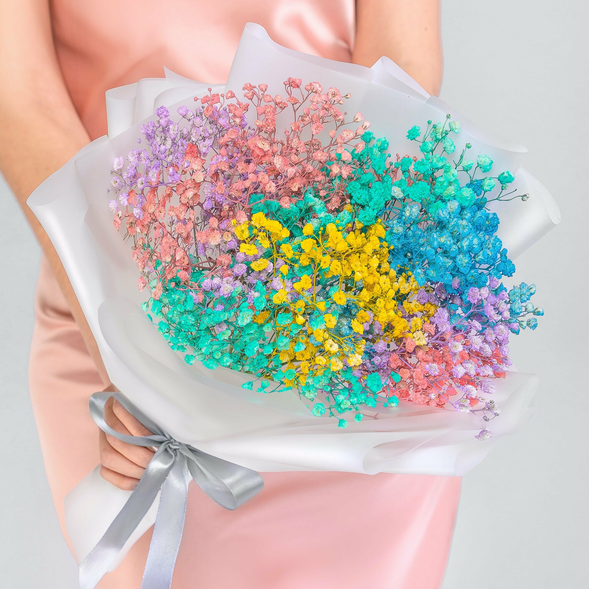 Букет Мегацвет24 "Радужные Гипсофилы", стабилизированные, 9 шт, дизайнерская упаковка