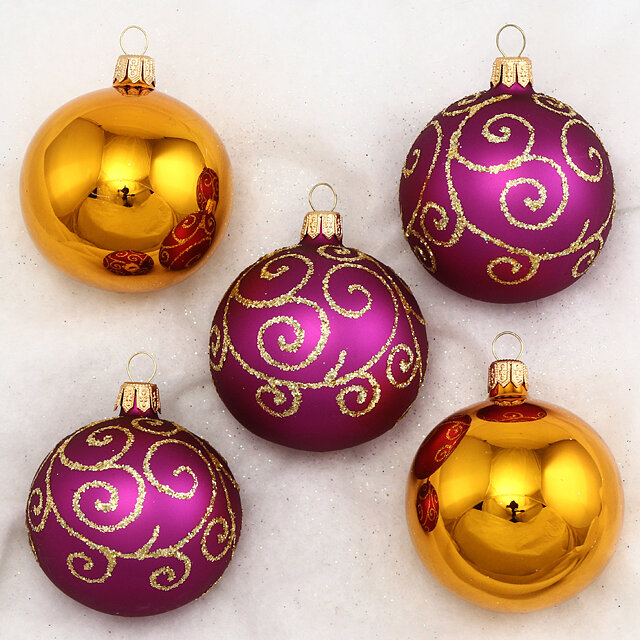 Набор стеклянных елочных шаров Лоза 6 см, 5 шт, фиолетовый с золотым, Фабрика Елочка, С170-зол-фиол