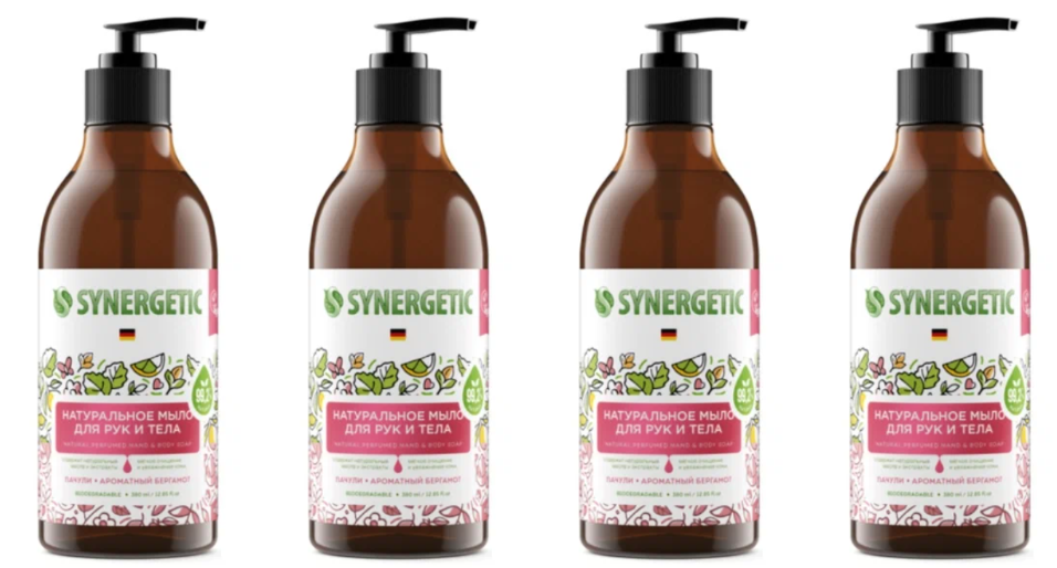 Натуральное мыло для рук и тела Synergetic Пачули и ароматный бергамот, 380 мл, 4 шт