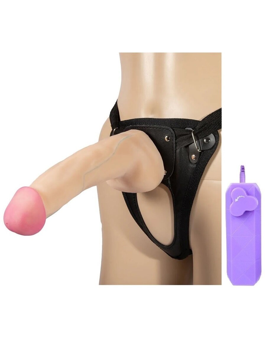 Страпон с вибрацией из киберкожи c поясом Harness, телесного цвета, реалистичный, 21см