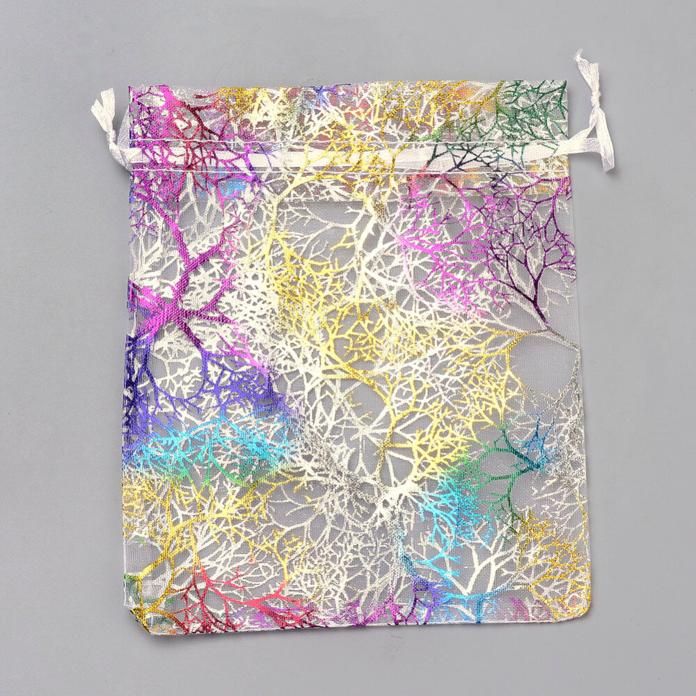 Мешочек из органзы, 15х10см, Сказочный лес, белый цветными узорами и белой ленточкой, 10 шт.
