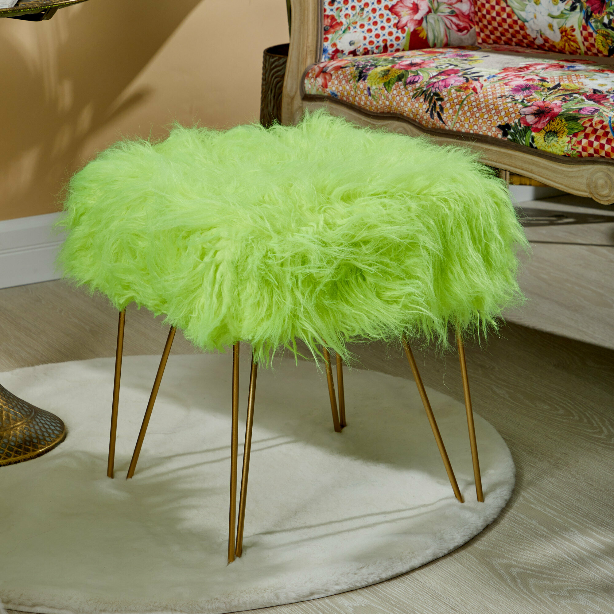 49-316 Пуф с меховым ворсом 41х41х46см, МДФ, мех, поролон, металл, Glasar