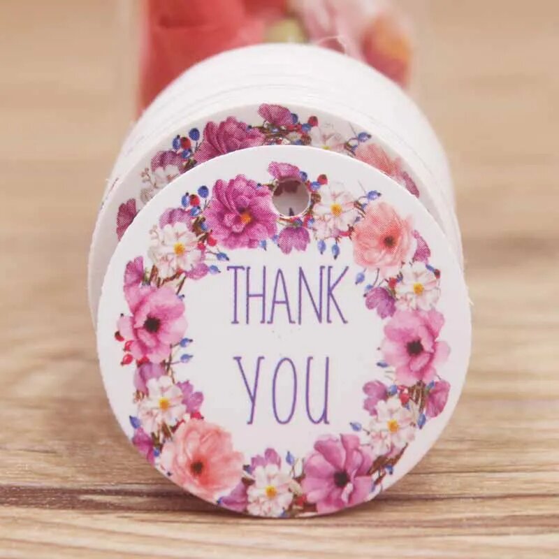 Бирки для подарков круглые "Thank You" с цветами, 100 шт, розовый