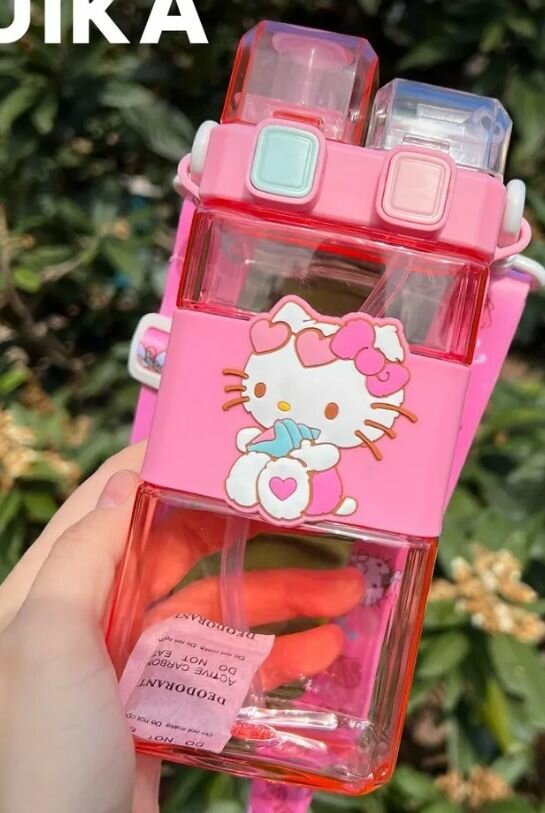 Детская бутылка для воды Hello Kitty с трубочкой и ремешком, многоразовая пластиковая спортивная бутылочка для школы и путешествий, милый подарок для девочек с аниме-принтом