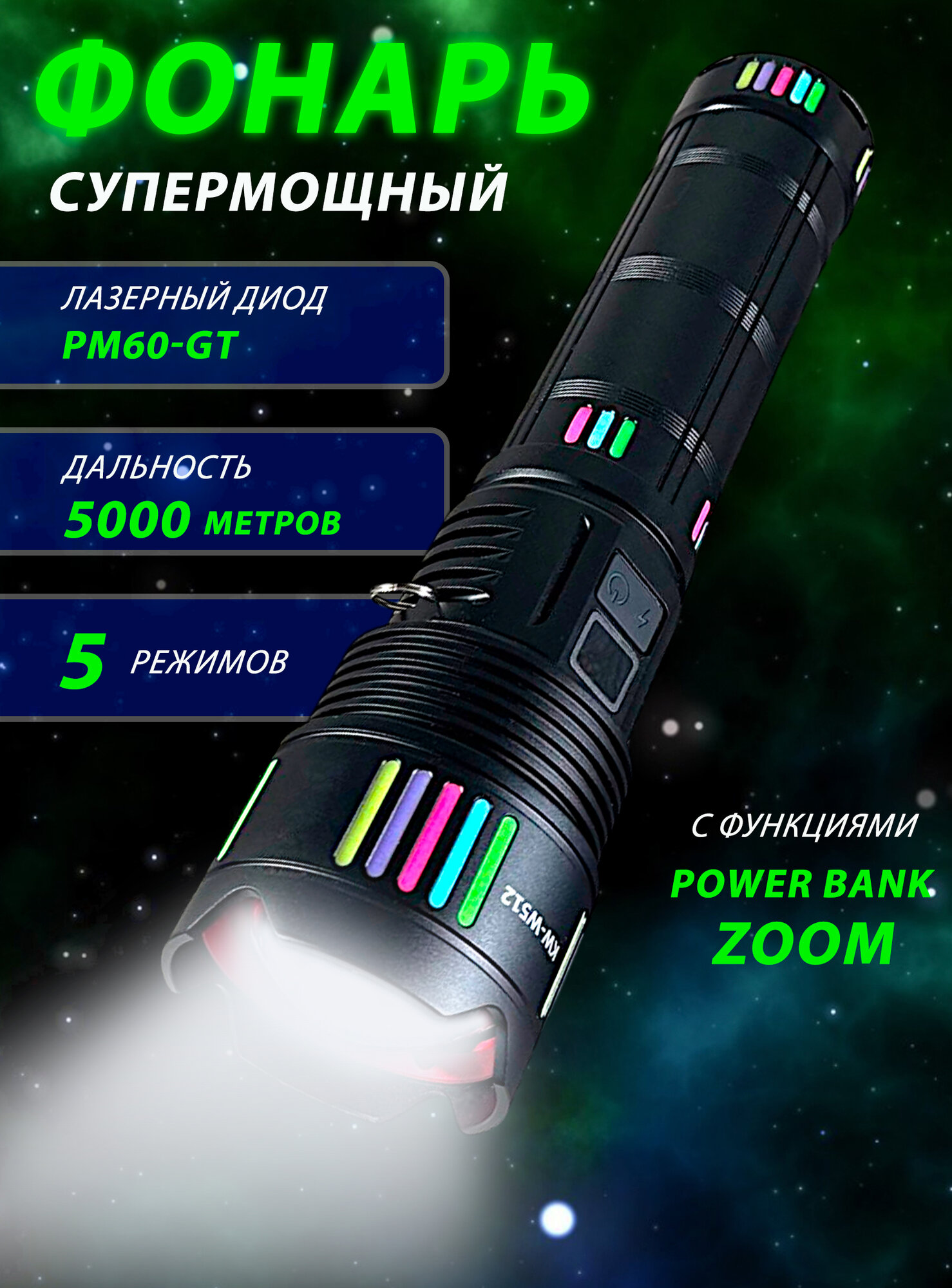 Фонарь аккумуляторный PM60-GT, сверхмощный, светодиодный, лазерный, с подзарядкой