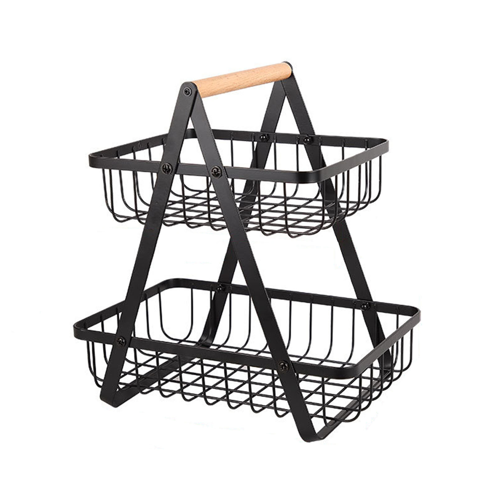 Двухъярусная корзина для фруктов из углеродистой стали, съемная переносная стойка для хранения овощей и хлеба, перекуса, для использования дома и на улице, черная