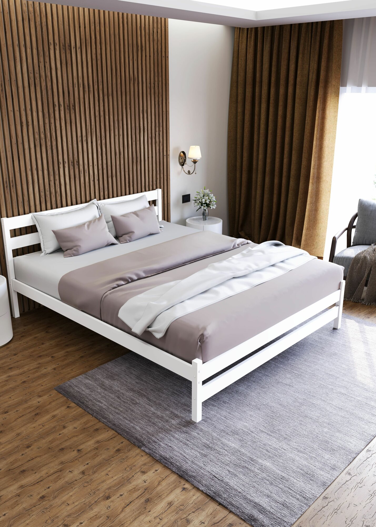 Кровать двуспальная деревянная из массива березы 200x120 см, белая