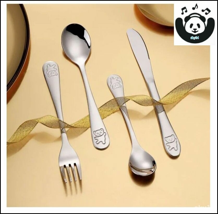 Эксклюзивный набор 4 предмета из нержавеющей стали для детского питания Мишки комплектация вилка нож столовая и чайная ложка