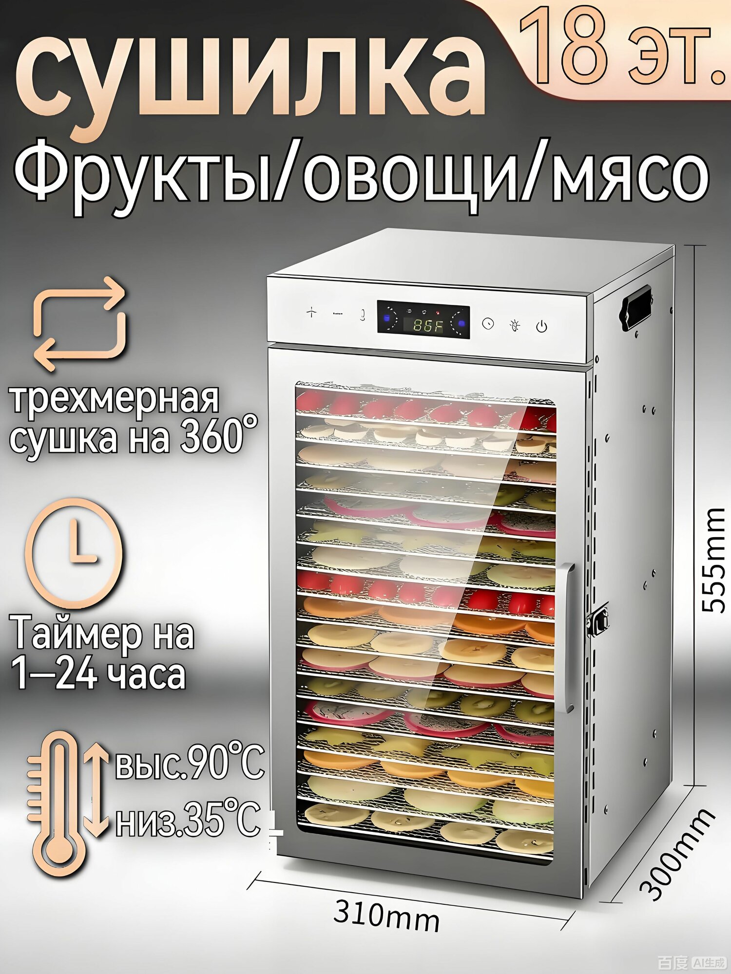 Сушилка для овощей, фруктов и мяса нержавеющая сталь 18лотков 800 Вт Дегидратор