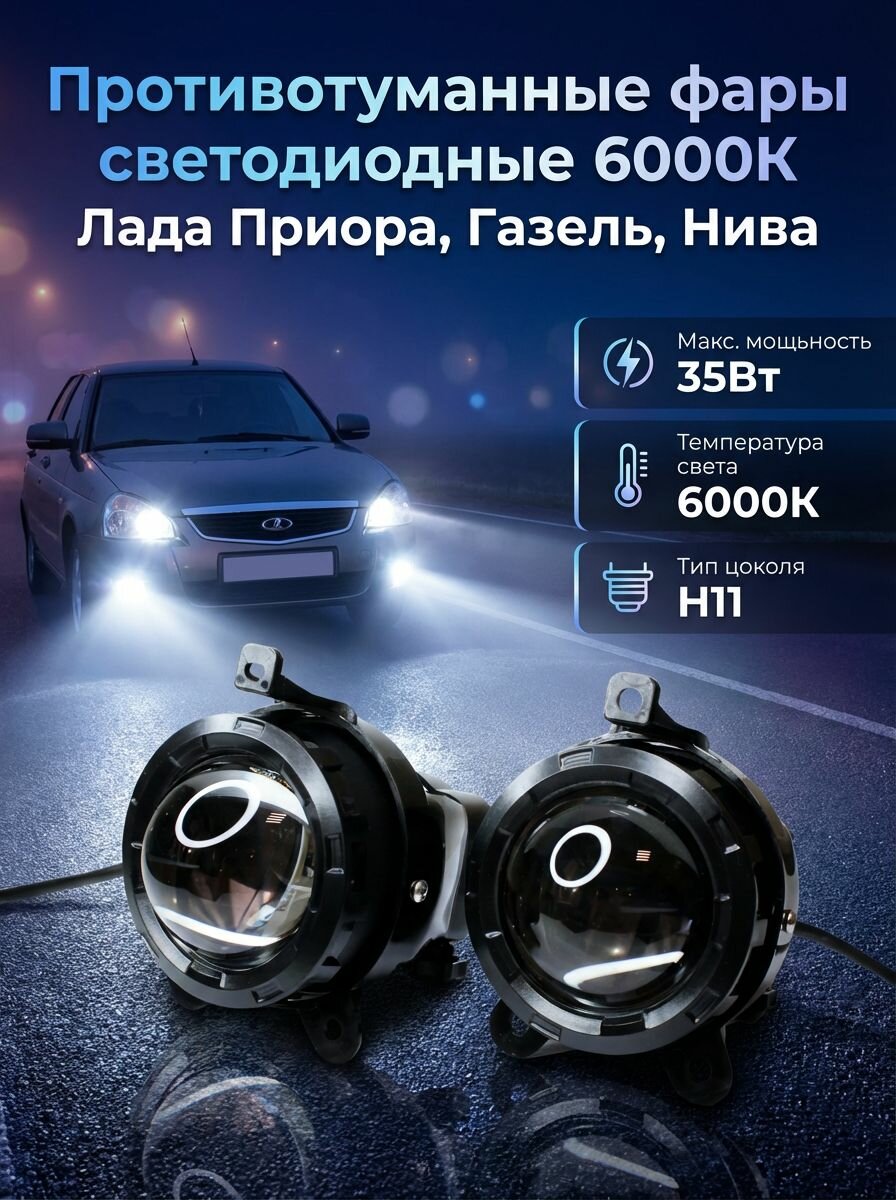 Противотуманные фары светодиодные для Лада Приора, Газель, Нива (ВАЗ 2123) 2009 - 2020 г. в.