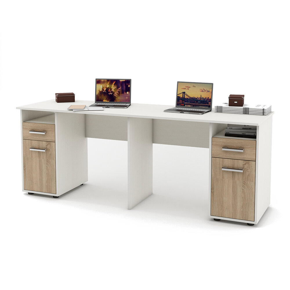 Стол письменный, стол компьютерный для двоих Остин (Ливерпуль) 17 белое дерево/дуб сонома