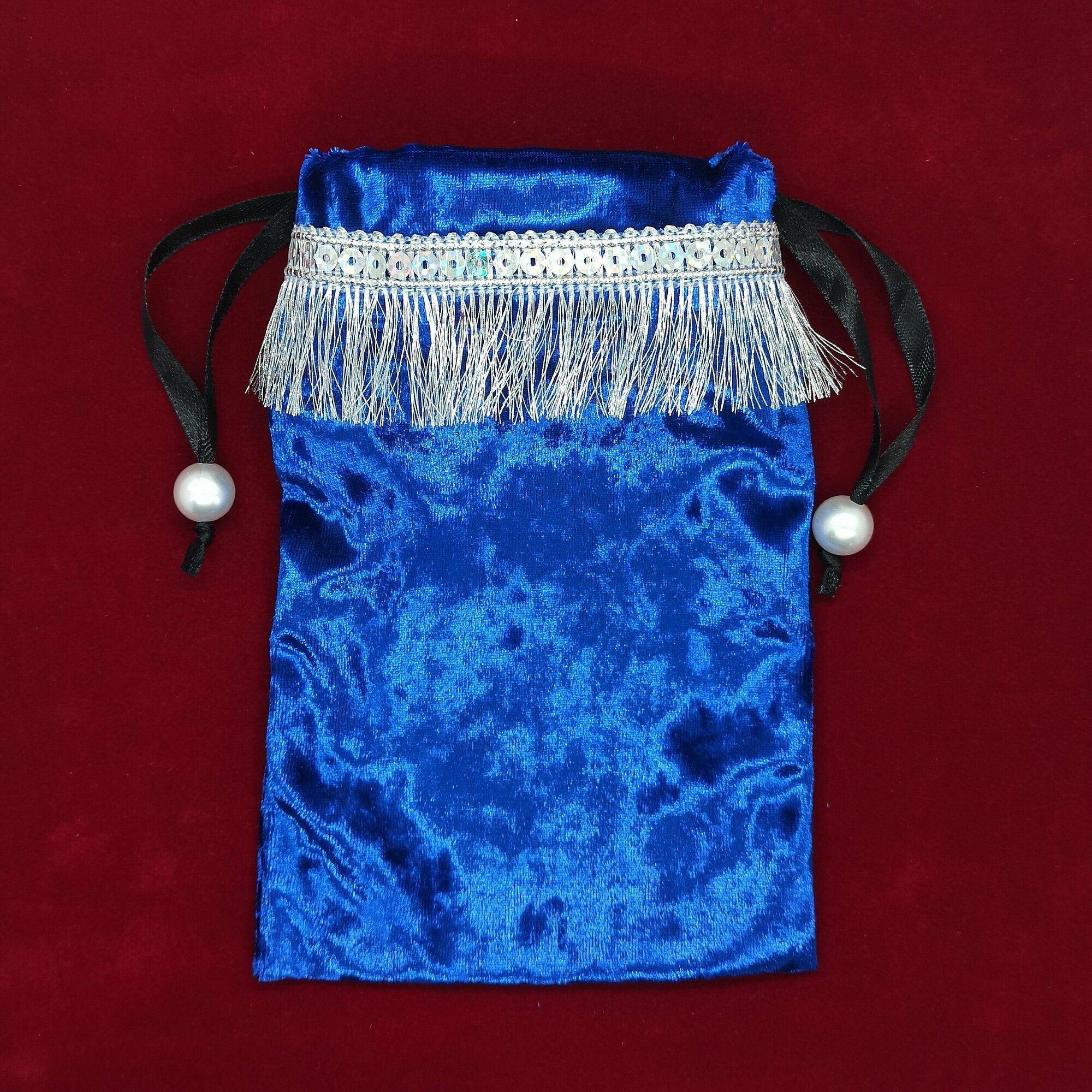 Синий бархатный мешочек для карт таро (серебряная бахрома)