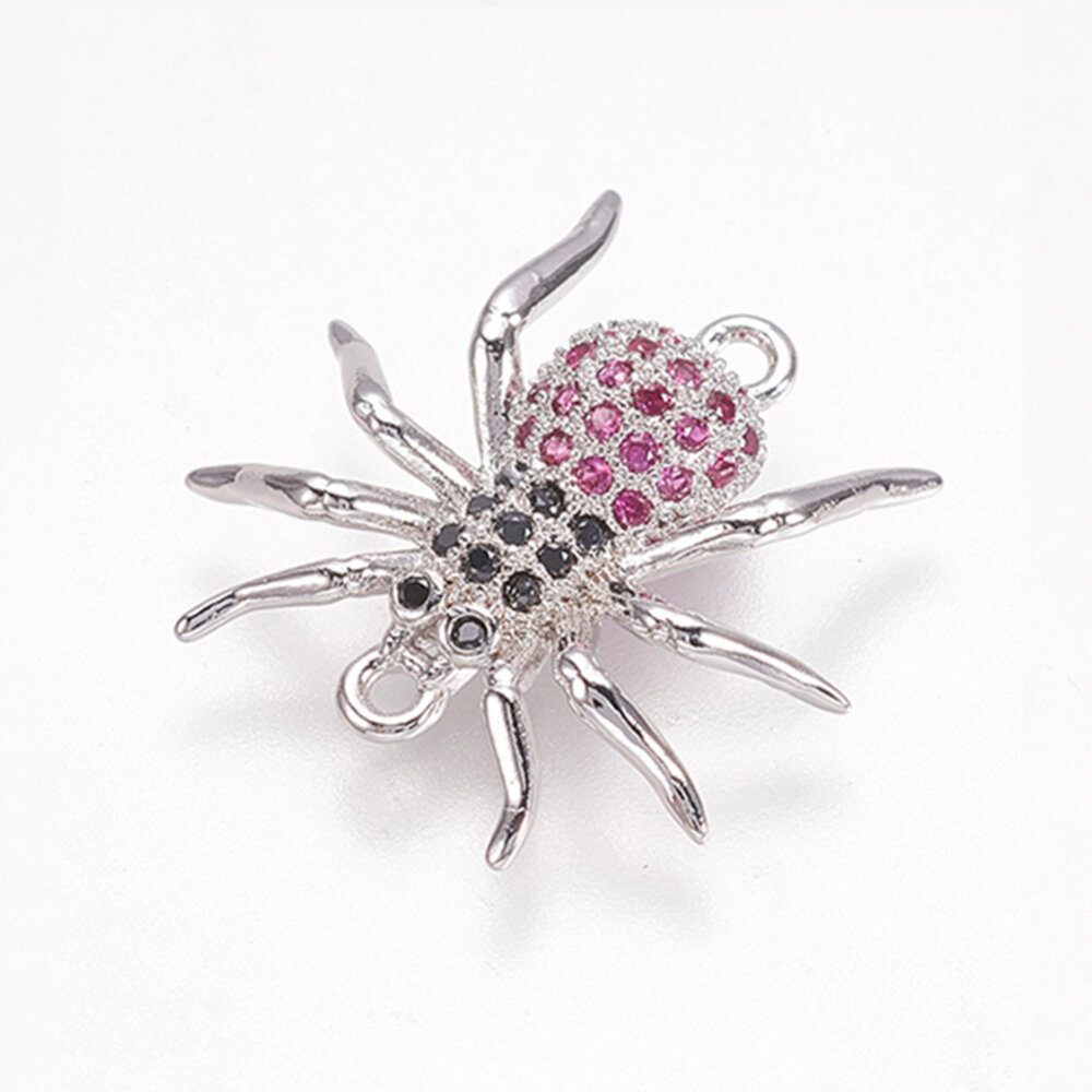 Коннектор 17.5х17х4мм, Milano, насекомое, Паук, с черными и малиновыми фианитами, базовый материал - латунь, под родий, 1 шт.