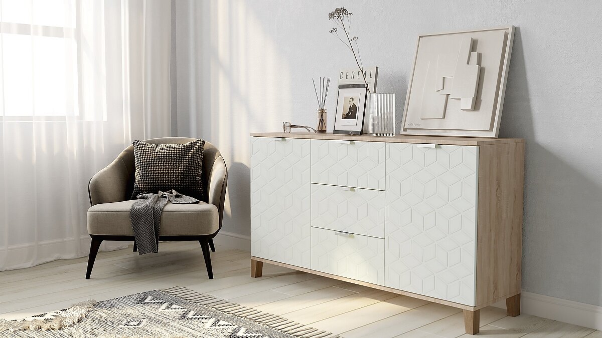 Комод МебельЛэнд24 Марвин Йорк - 4 Милк 140x40x80 двухдверный с 3 ящиками