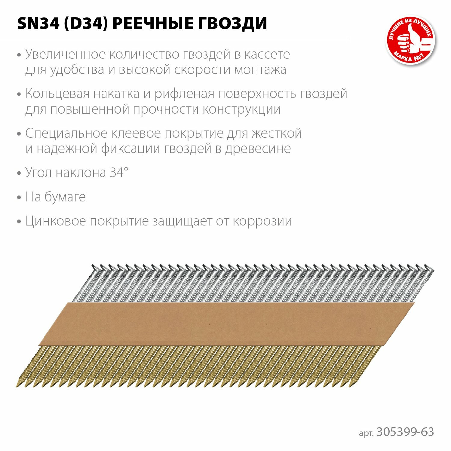 ЗУБР SN34 (D34) 63 х 2.8 мм, реечные гвозди рифленые оцинкованные, 4000 шт (305399-63) (305399-63)