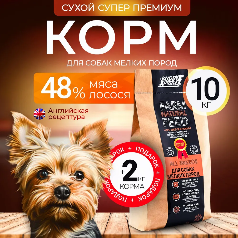 Сухой корм для собак мелких пород Buddy Dinner Orange Line Hypoallergenic с лососем 10 +2 кг в подарок