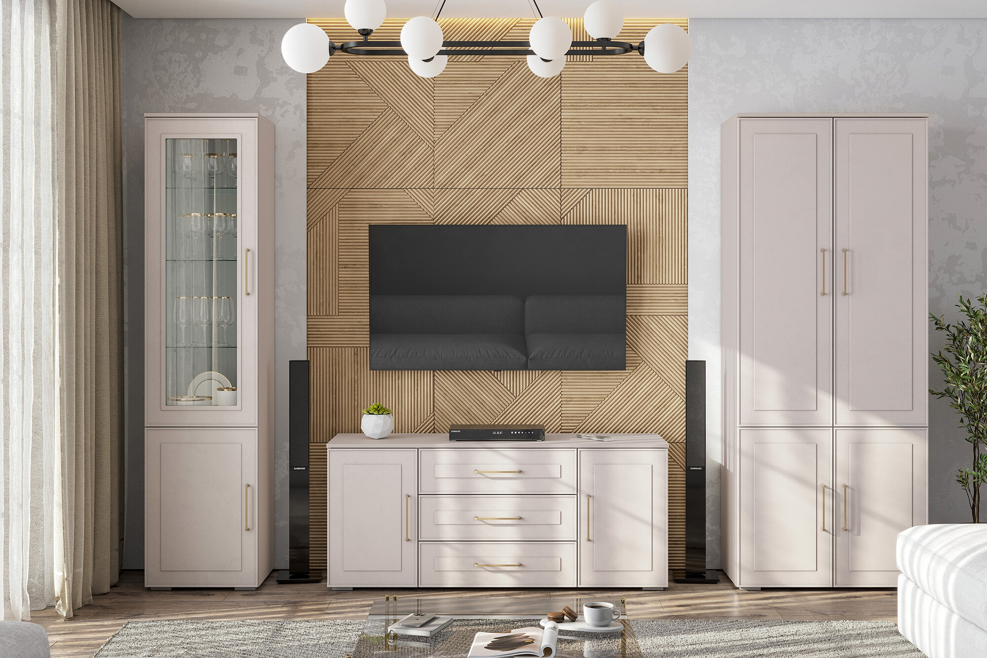 Стенка в гостиную Нонтон Антеро 2, кашемир / шампань, 280x45x210 см