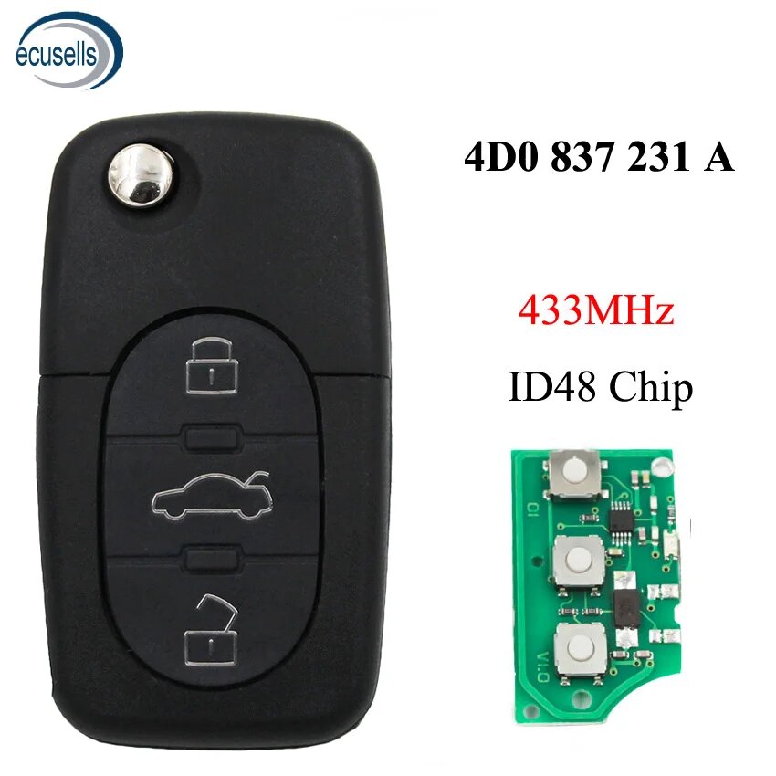 Пульт Audi 4D0 837 231 A, 433MHz, ID48, 3 кнопки