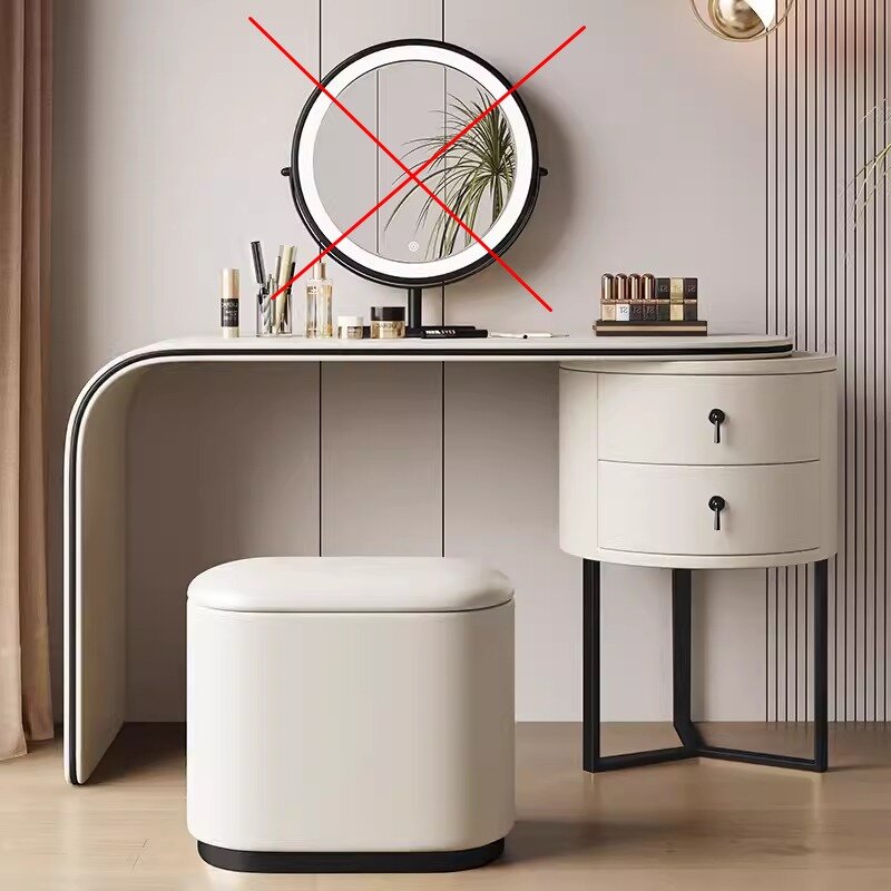 Элегантный туалетный столик 80 см покрытый кожей с круглой тумбой и изогнутой столешницей - черный металл (кремовый столик + пуф без зеркала)