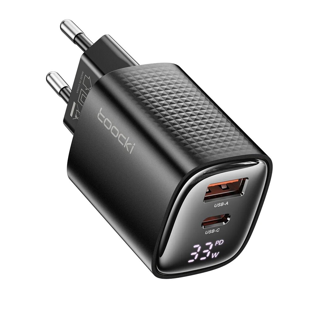 Toocki GaN USB-зарядное устройство 33 Вт с цифровым дисплеем QC3.0 PD Быстрое Black, EU Plug