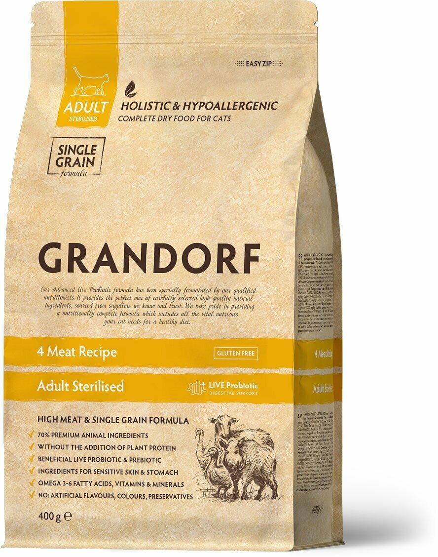 Корм для стерилизованных кошек с живыми пробиотиками Grandorf 4 Meat Sterilised, 4 вида мяса 400 гр