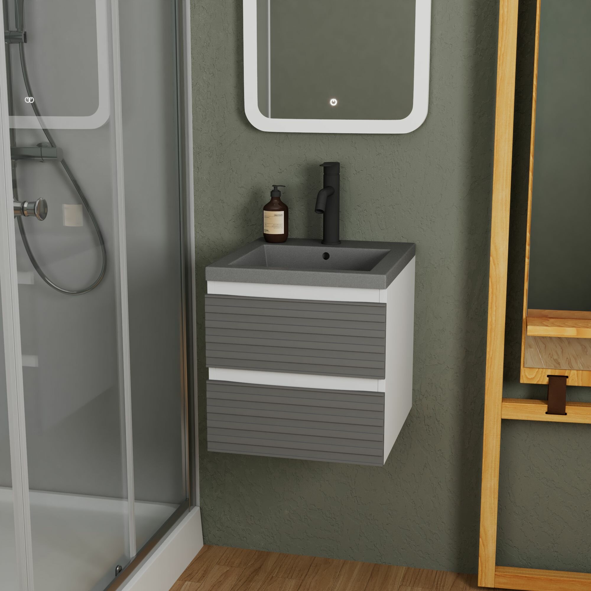 Тумба под раковину Bau Stil Loft grey brushed, раковина кварцевая BAU Stil 40, серый металлик, смеситель Dream Black, черный