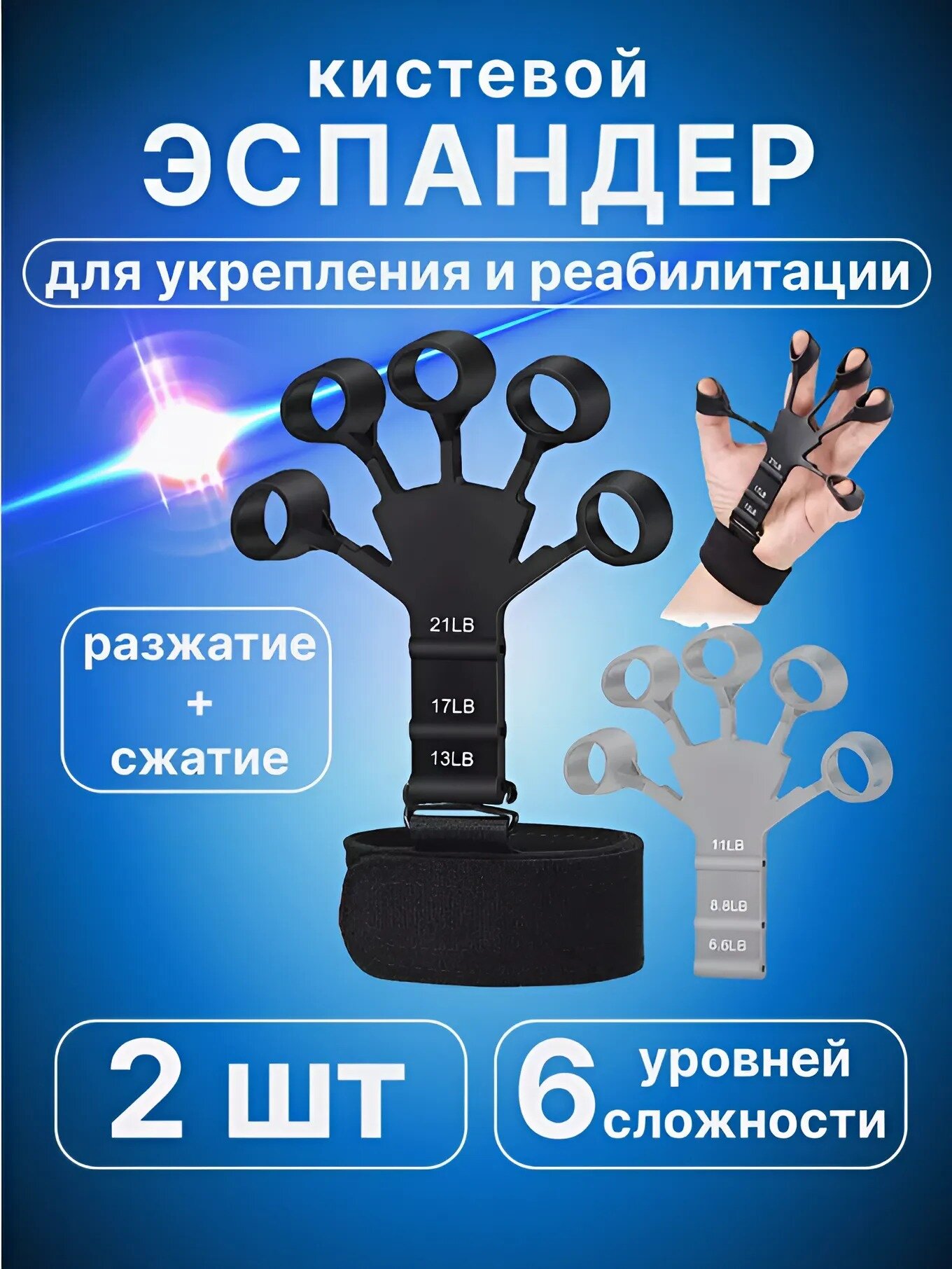 Эспандер для пальцев рук кистевой, 2 шт серый + черный