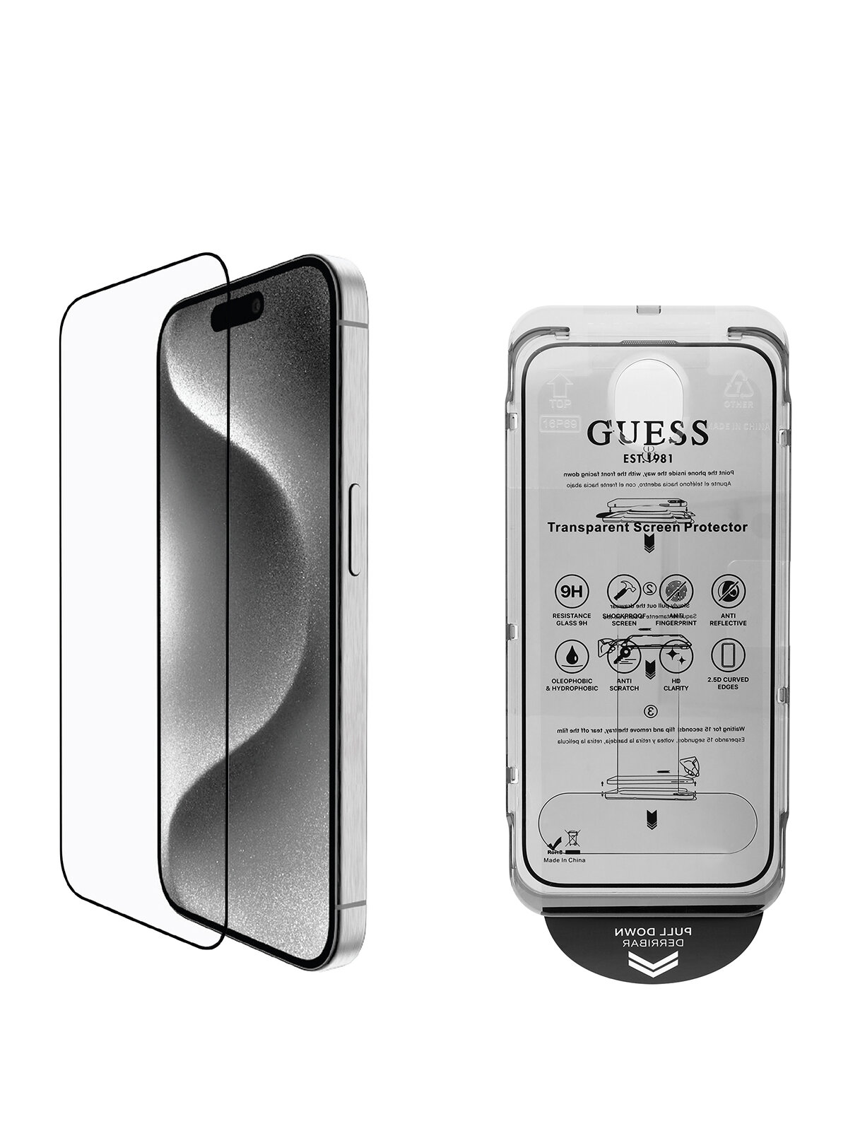 Guess Bundle для iPhone 16 Pro Max стекло Screen Protector Black + Camera lens Rhinestone Silver
