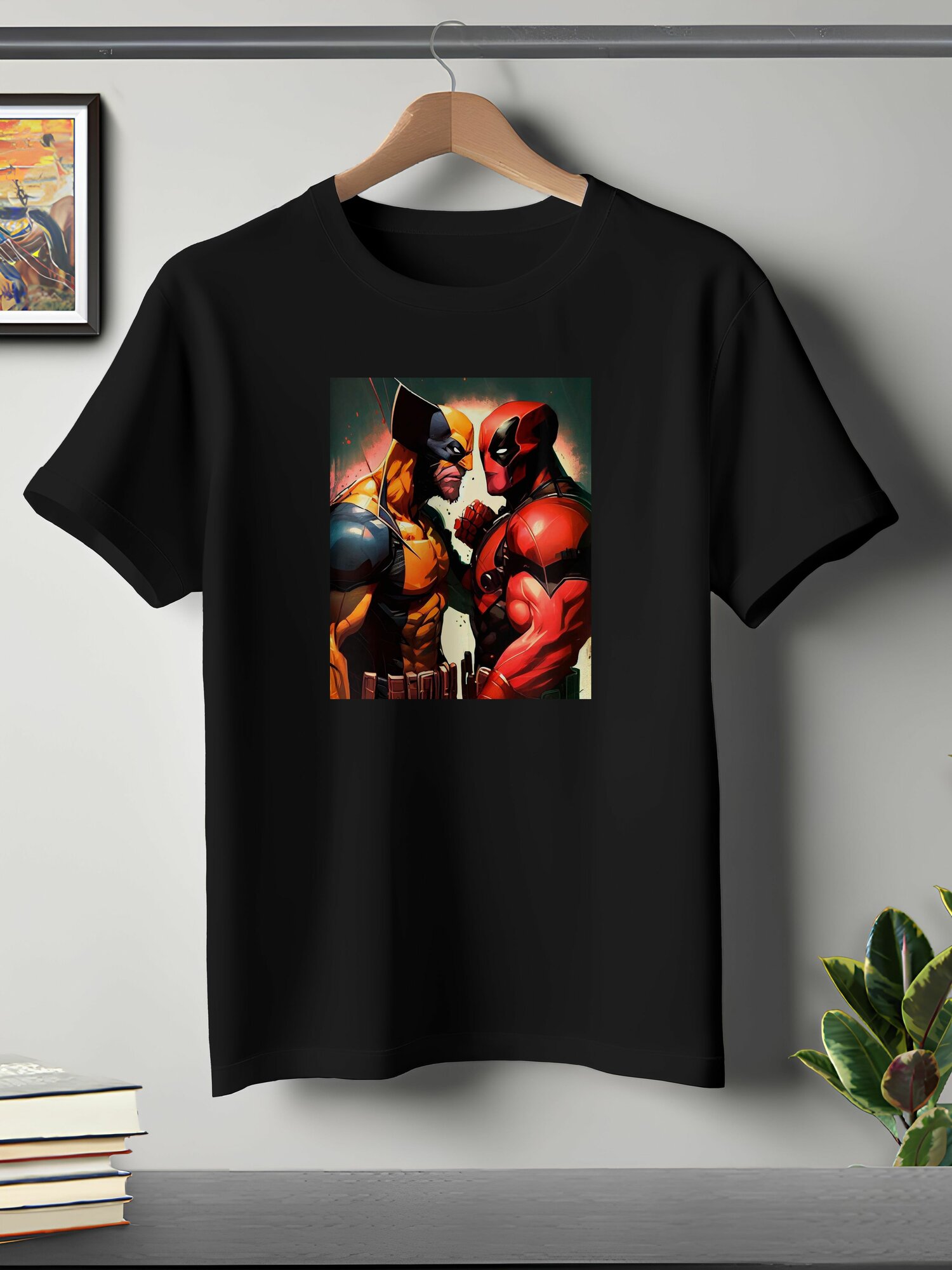 Футболка ONEQ унисекс 52-54 (XXL) размер с принтом Дэдпул и Россомаха, черная