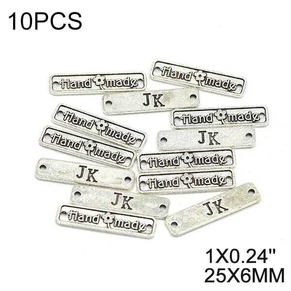 10 шт. Металлические этикетки "Handmade" и "JK", Silver