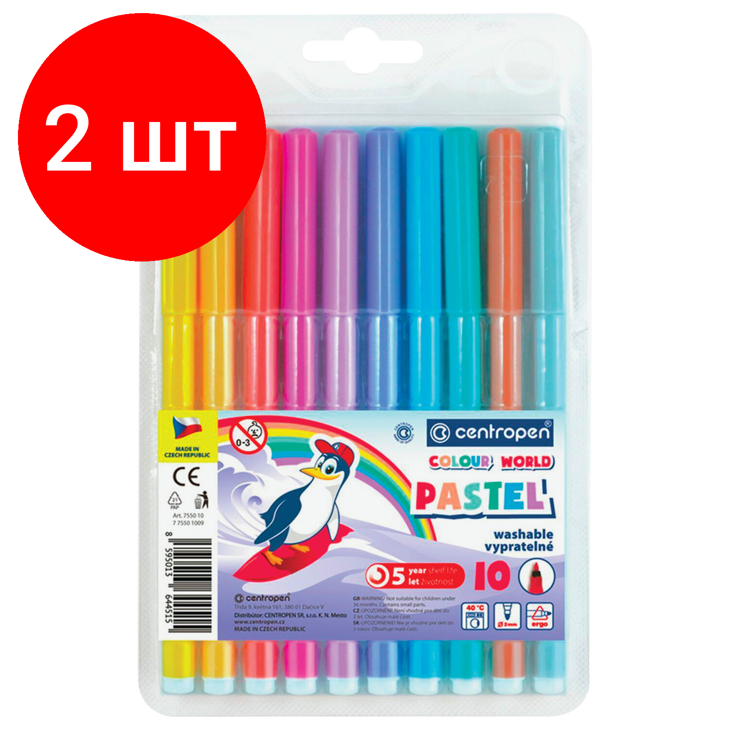 Комплект 2 шт, Фломастеры пастельные 10 цветов CENTROPEN "Colour World Pastel", смываемые, 7550/10TP, 7 7550 1087
