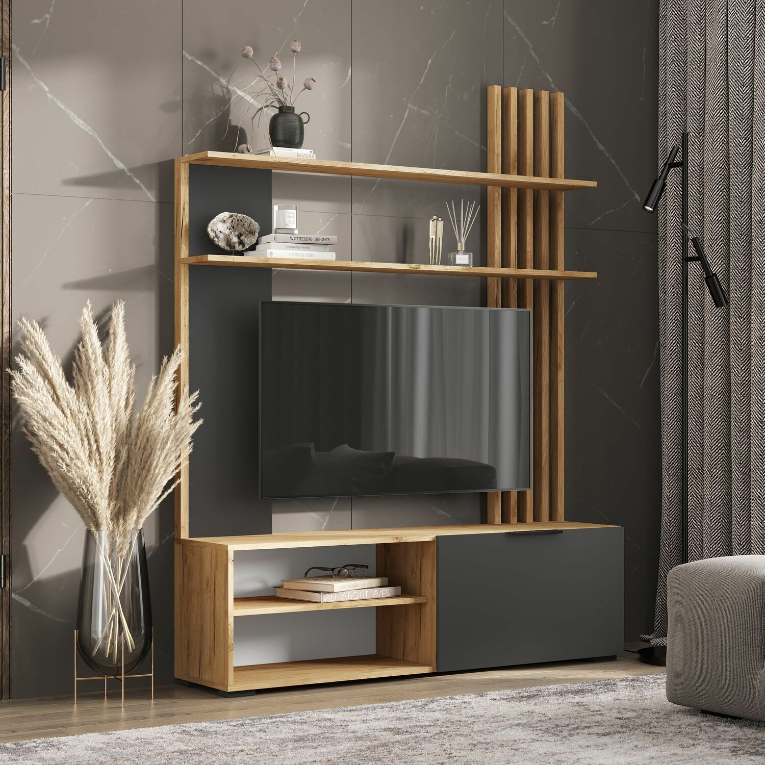 Гостиная стенка Роджина, мебель под телевизор с полками и дверцей, 140х181×35 см, Графит / Дуб крафт золотой