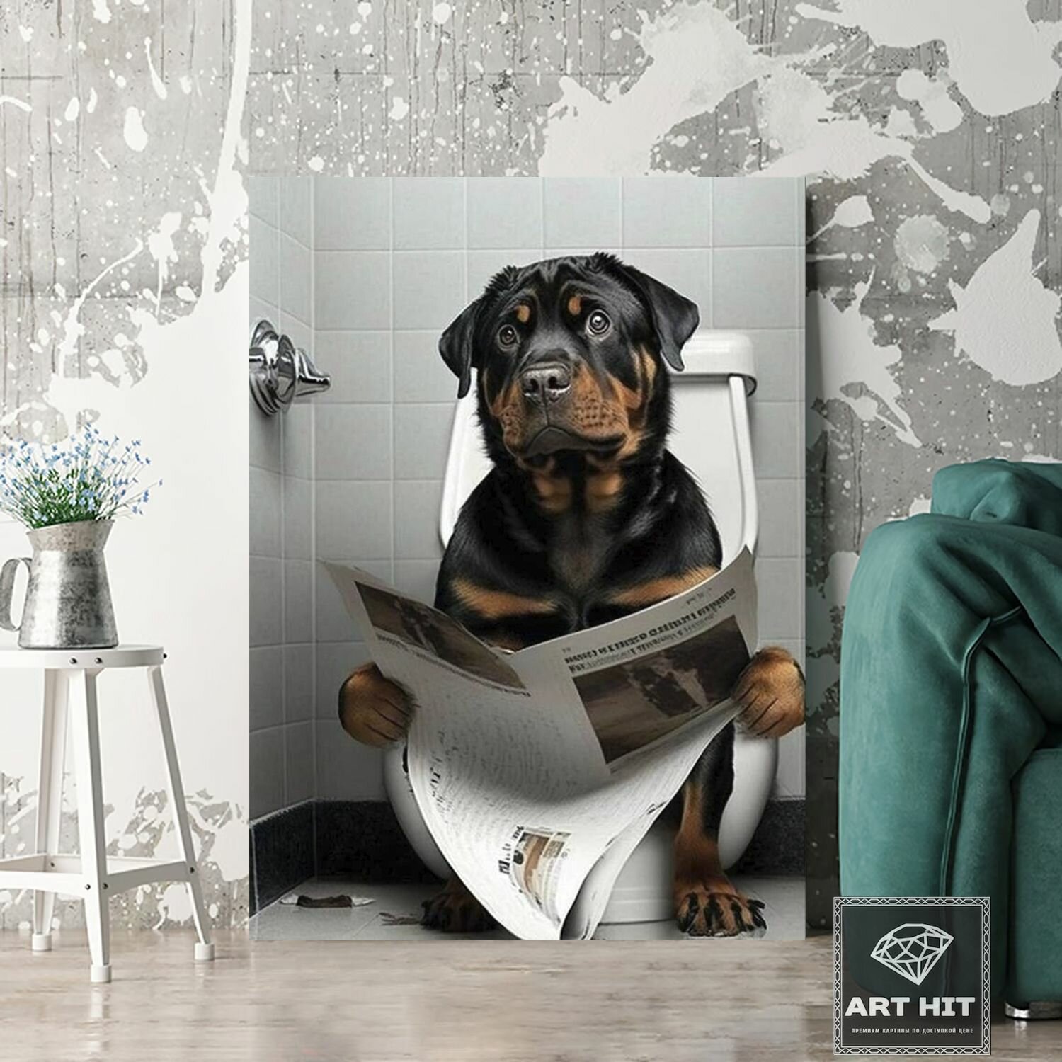 Картина в туалет, ванную комнату, Ротвейлер читает газету
