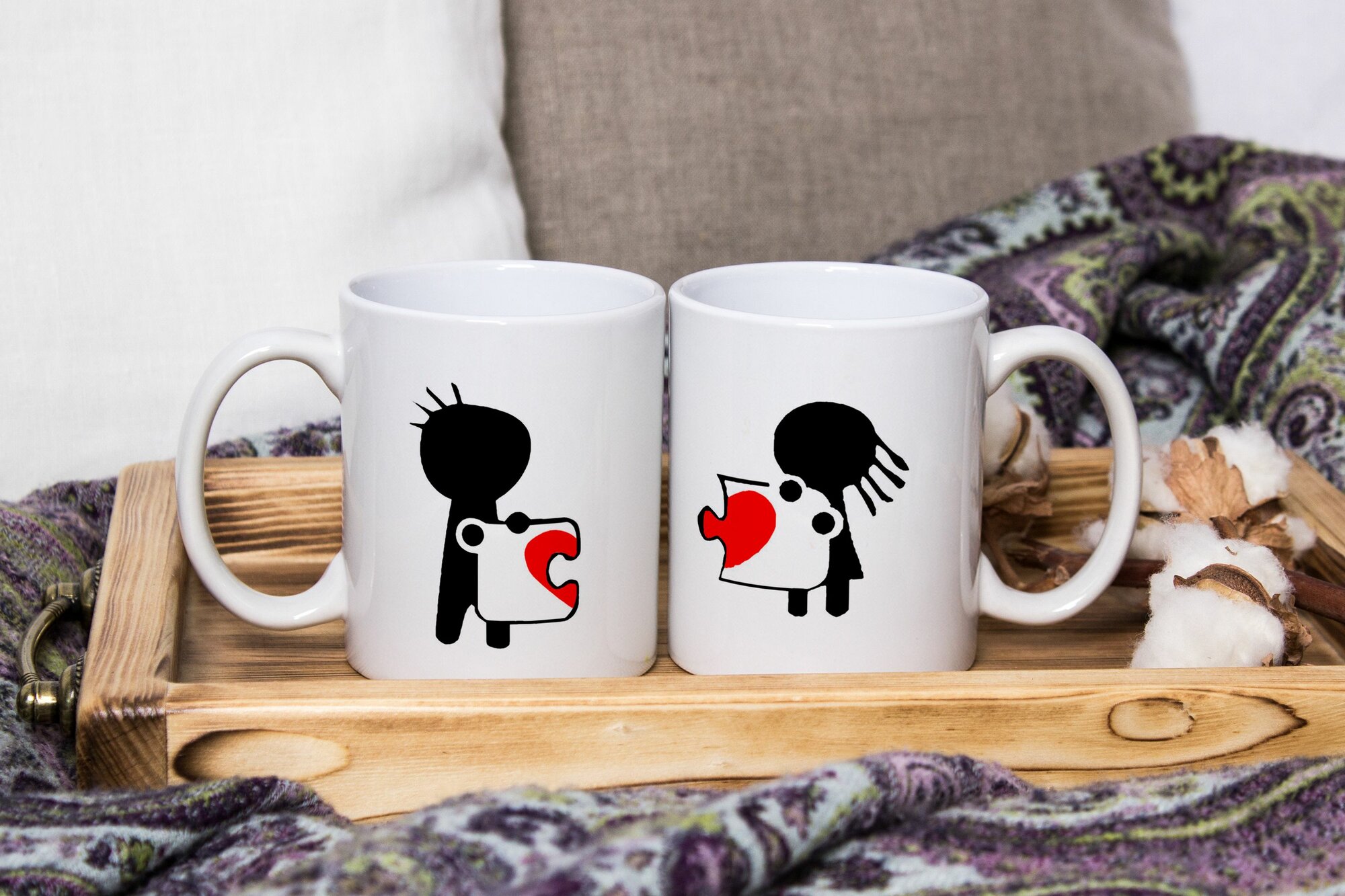 Кружки парные с принтом "Влюбленные сердце-пазл"