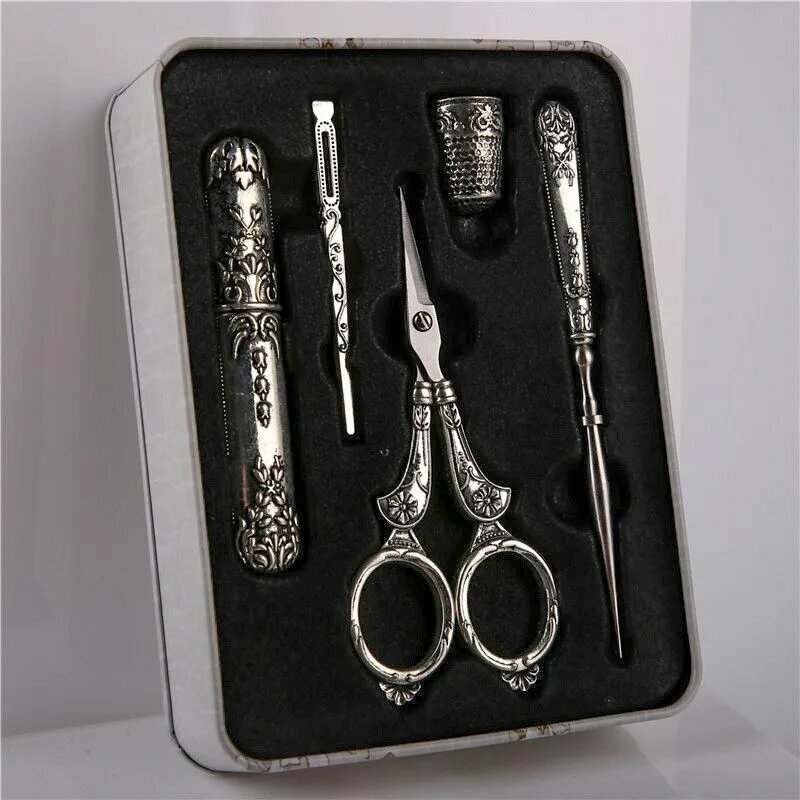 Супер красивый набор швейных инструментов Подарочная коробка высококачественные ножницы из нержавеющей стали винтажные Швейные аксессуары, Серебристый, Нержавеющая сталь, Серебристый,1.887716218