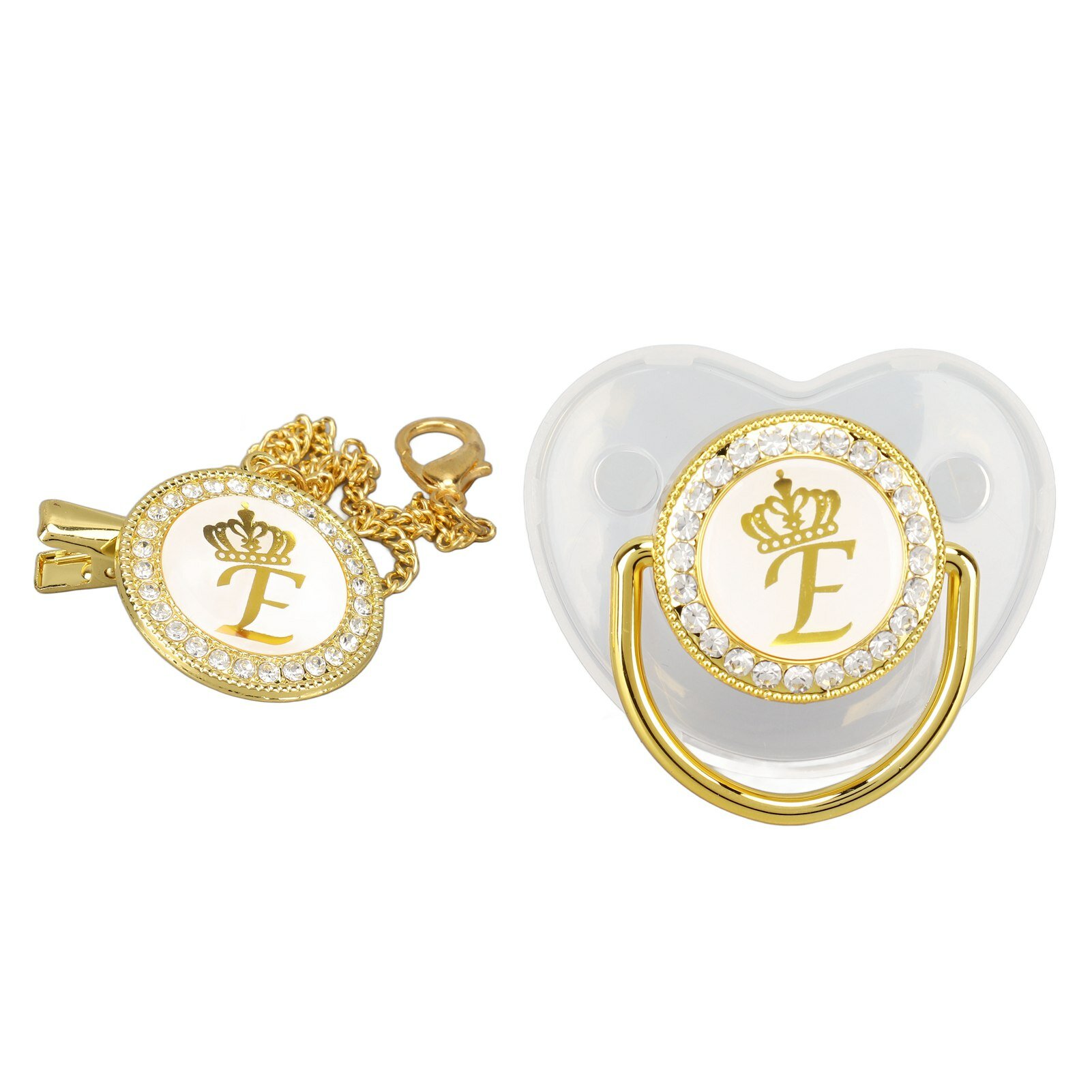 Детская соска-прорезыватель с золотыми стразами в виде букв на соске. Соска для крещения и купания малыша.